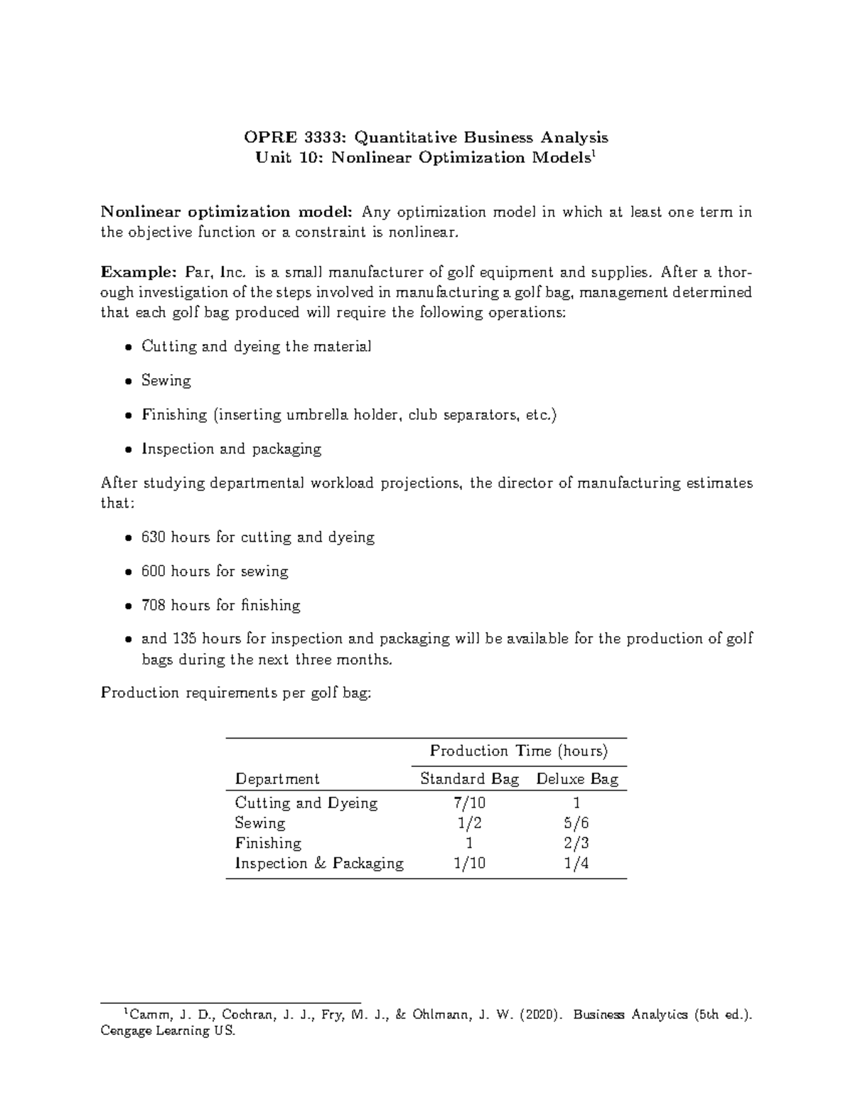 OPRE 3333: Nonlinear Optimization Models - Unit 10 - Studocu