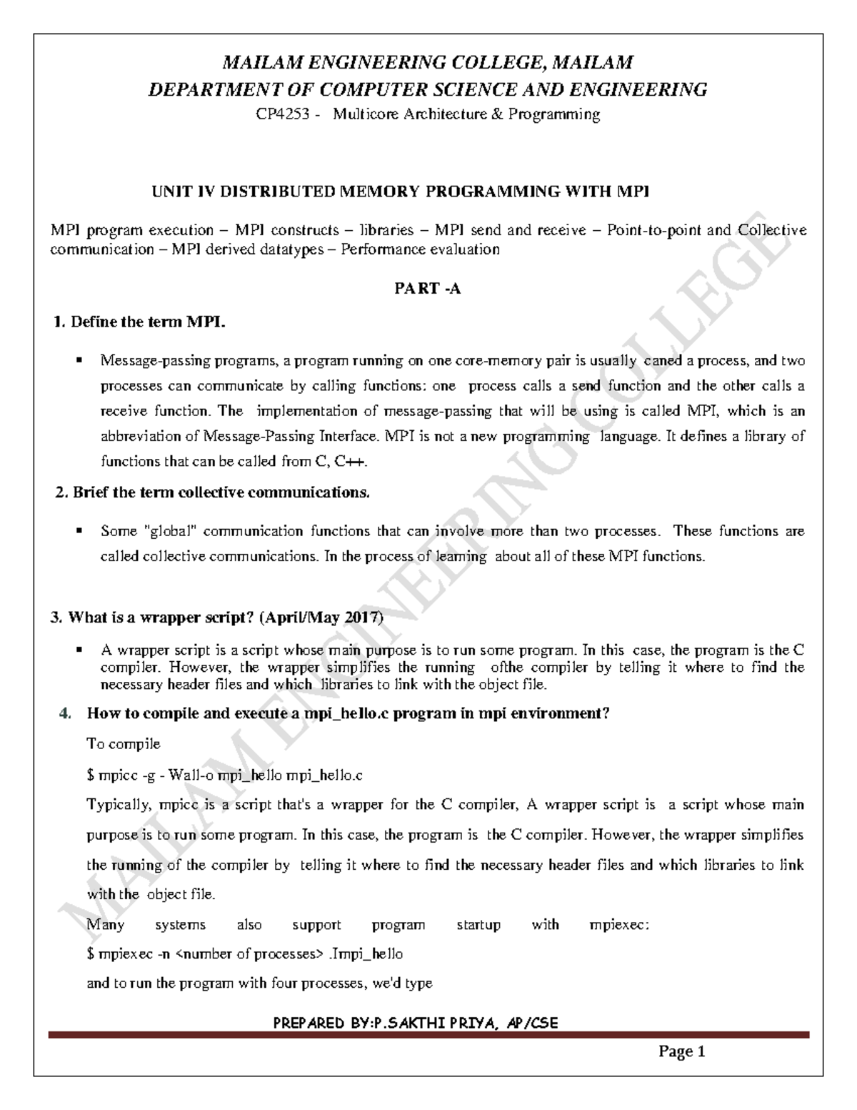 CP4253 Multicore Architecture Programming: Distributed Memory with MPI ...