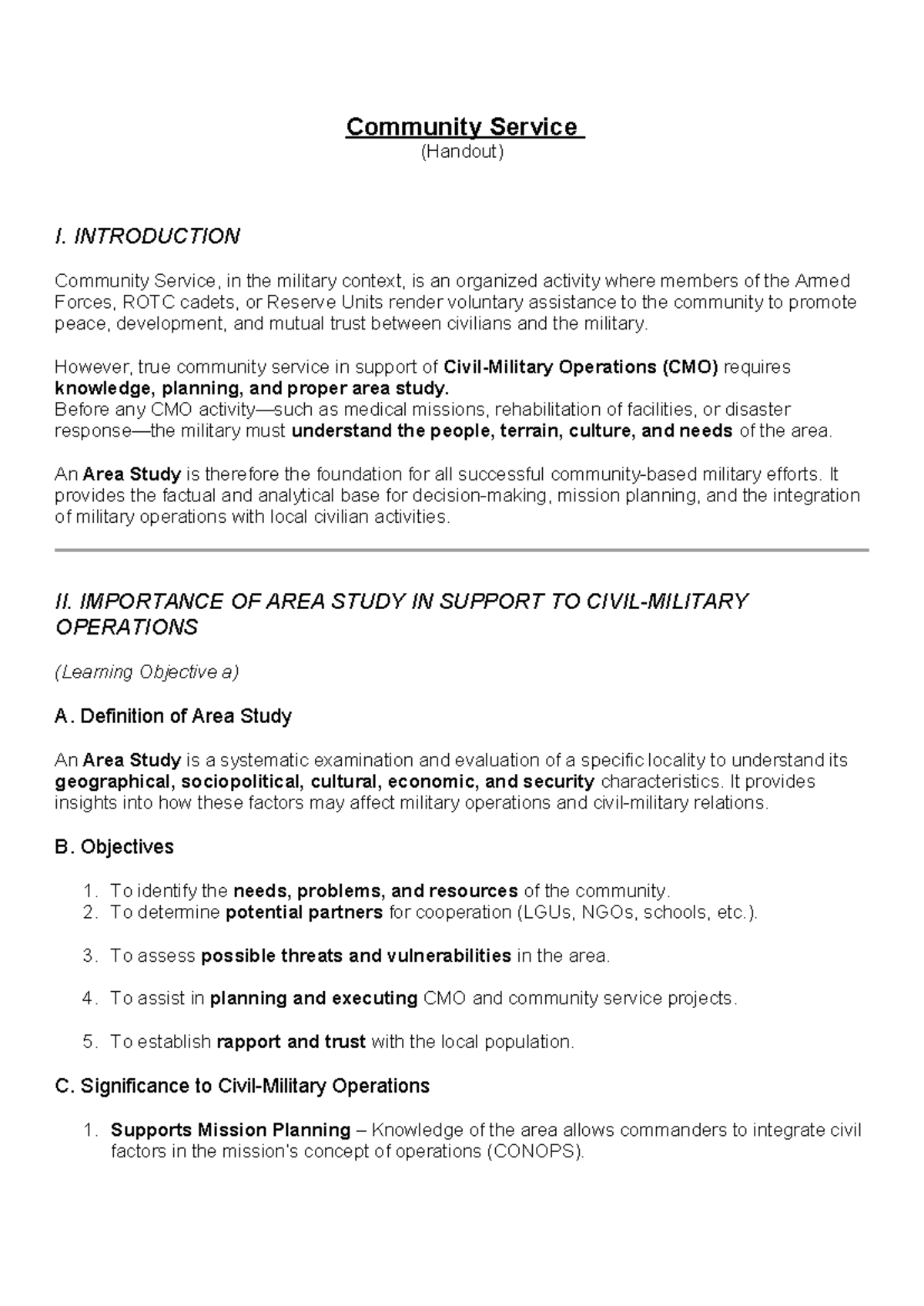 Community Service and Area Study in Military Operations (Handout) - Studocu