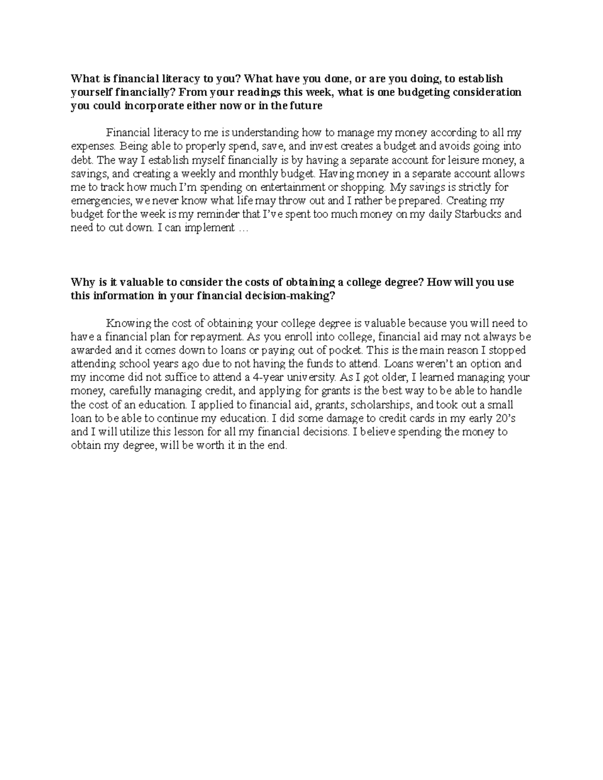 FIN 101 Week 7 Discussion Questions on Financial Literacy & Costs - Studocu