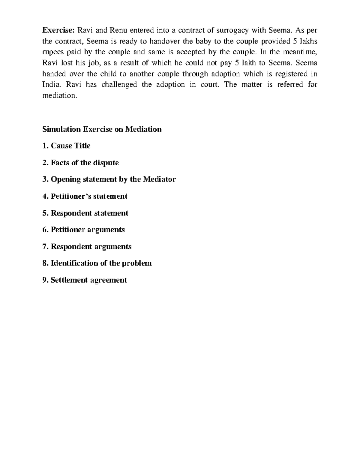 03 Mediation Simulation Final - Exercise: Ravi and Renu entered into a ...