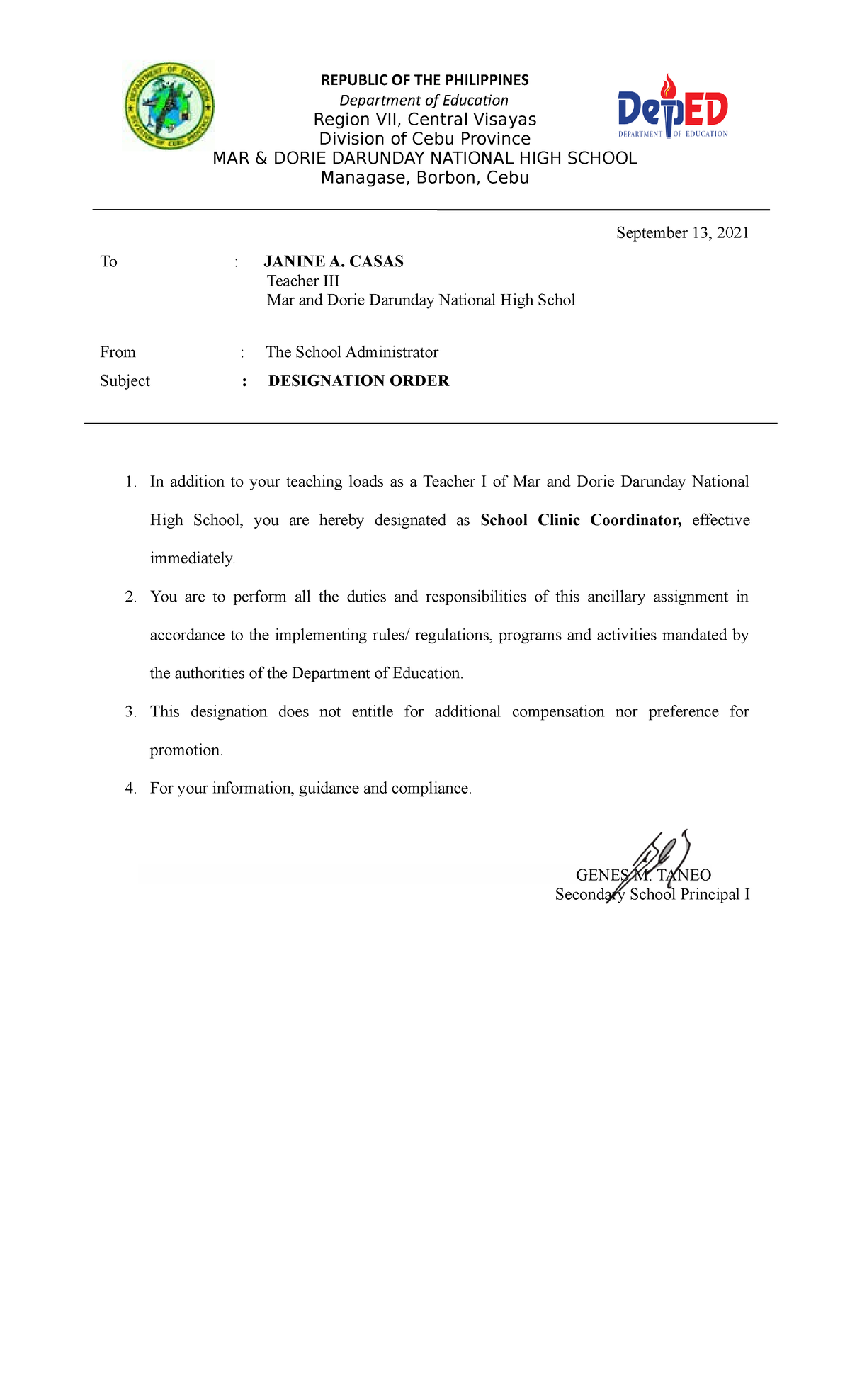 Designation - SCHOOL FORMS - REPUBLIC OF THE PHILIPPINES Department of ...