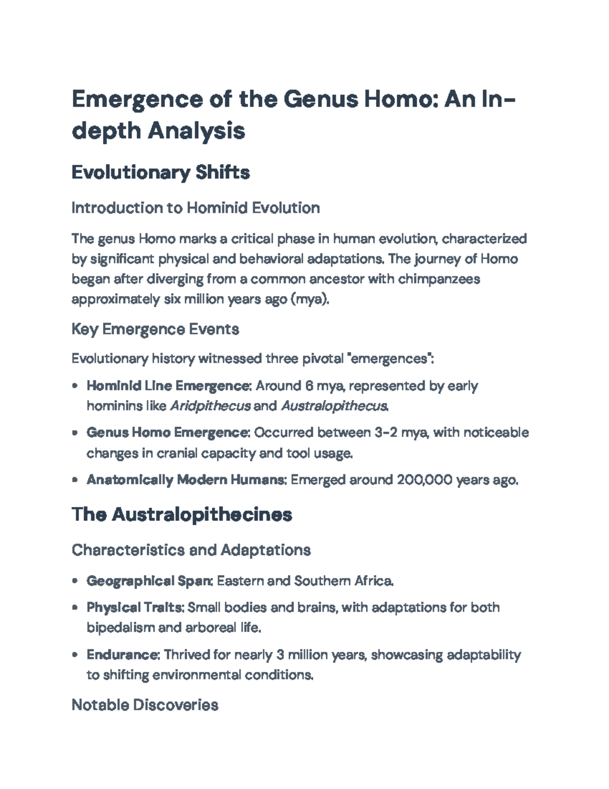 Emergence of the Genus Homo: Evolutionary Analysis and Key Events ...