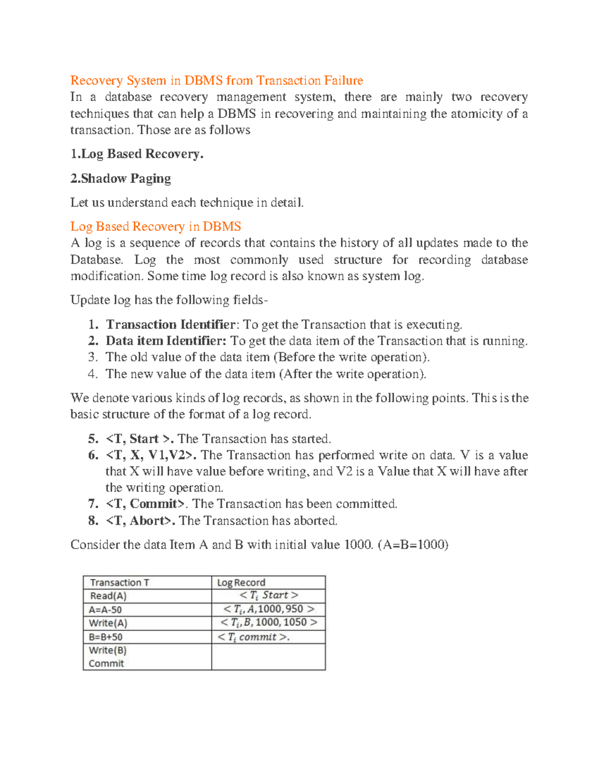 DBMS Recovery Techniques: Log-Based & Shadow Paging - Studocu