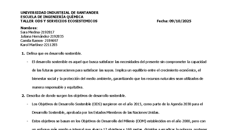 Taller ODS y Servicios Ecosistémicos - UIS 2184697 - Studocu