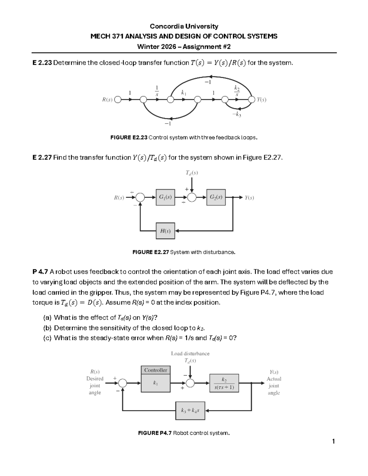 Concordia University MECH 371 Control Systems Assignment #2 Winter 2026 ...