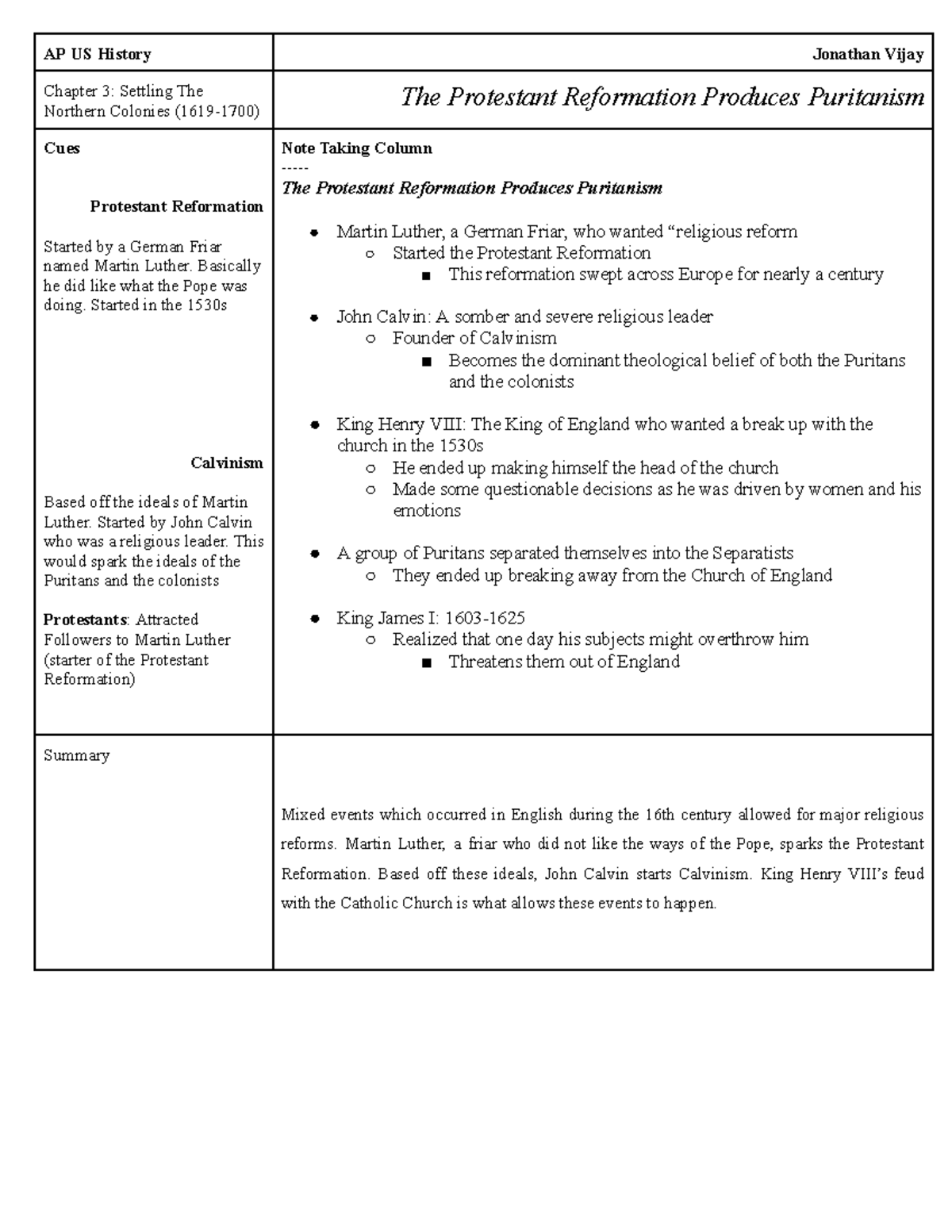APUSH 3: Settling the Northern Colonies - Cornell Notes - Studocu