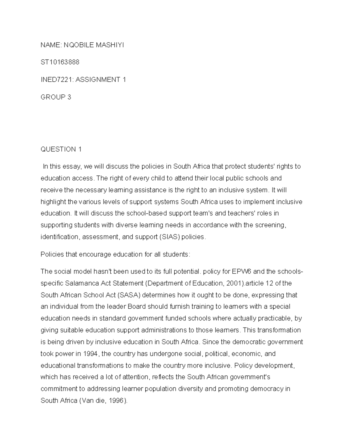 INED7221: Assignment 1 - Inclusive Education Policies in SA - Studocu
