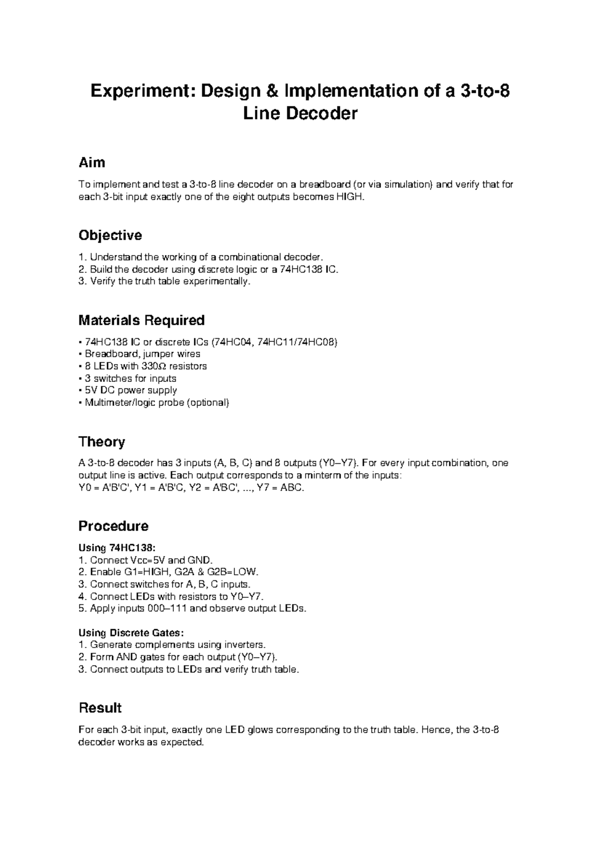 3 to 8 Line Decoder Experiment: Design & Implementation - Studocu