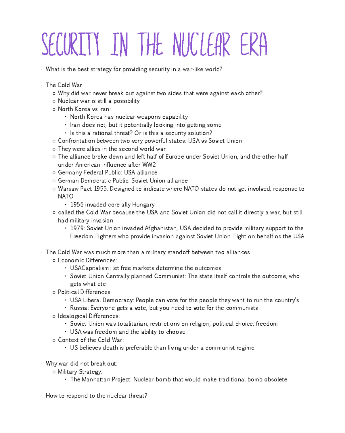 Lecture 8: Security Strategies in the Nuclear Era - Studocu