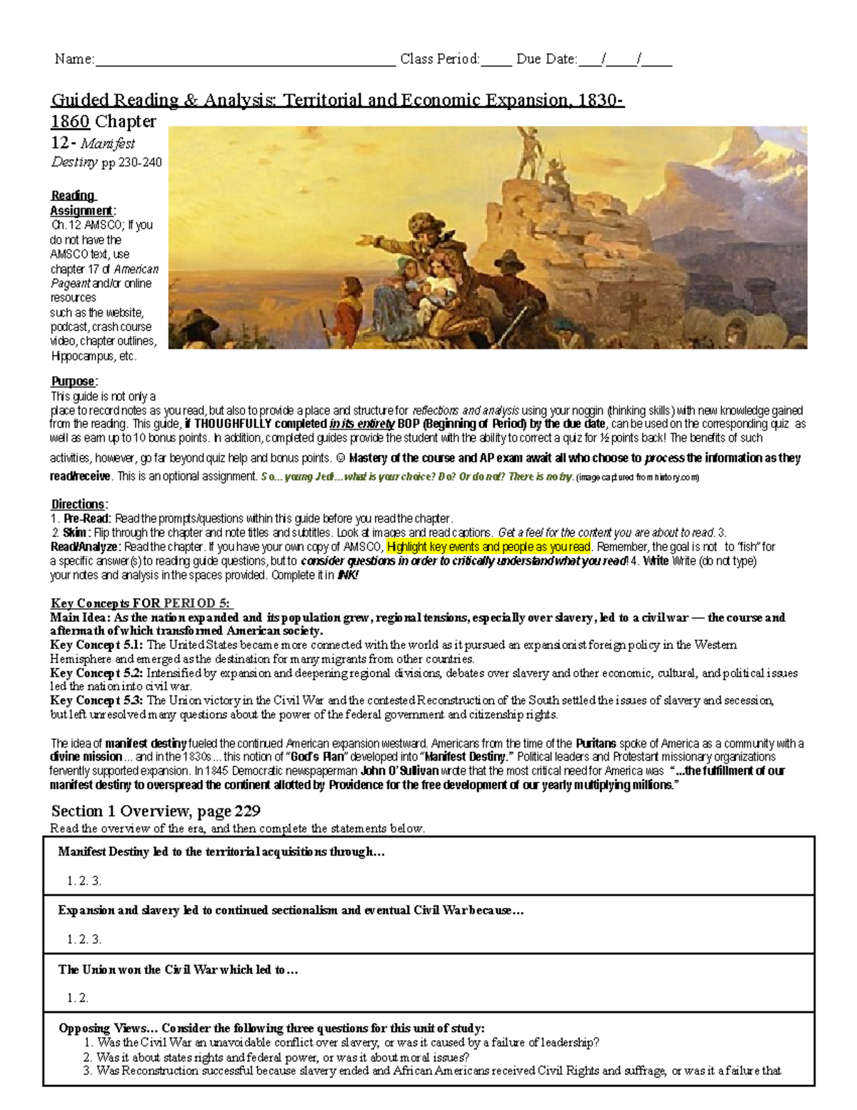 Guided Reading: AMSCO Ch. 12 - Manifest Destiny & Economic Expansion ...