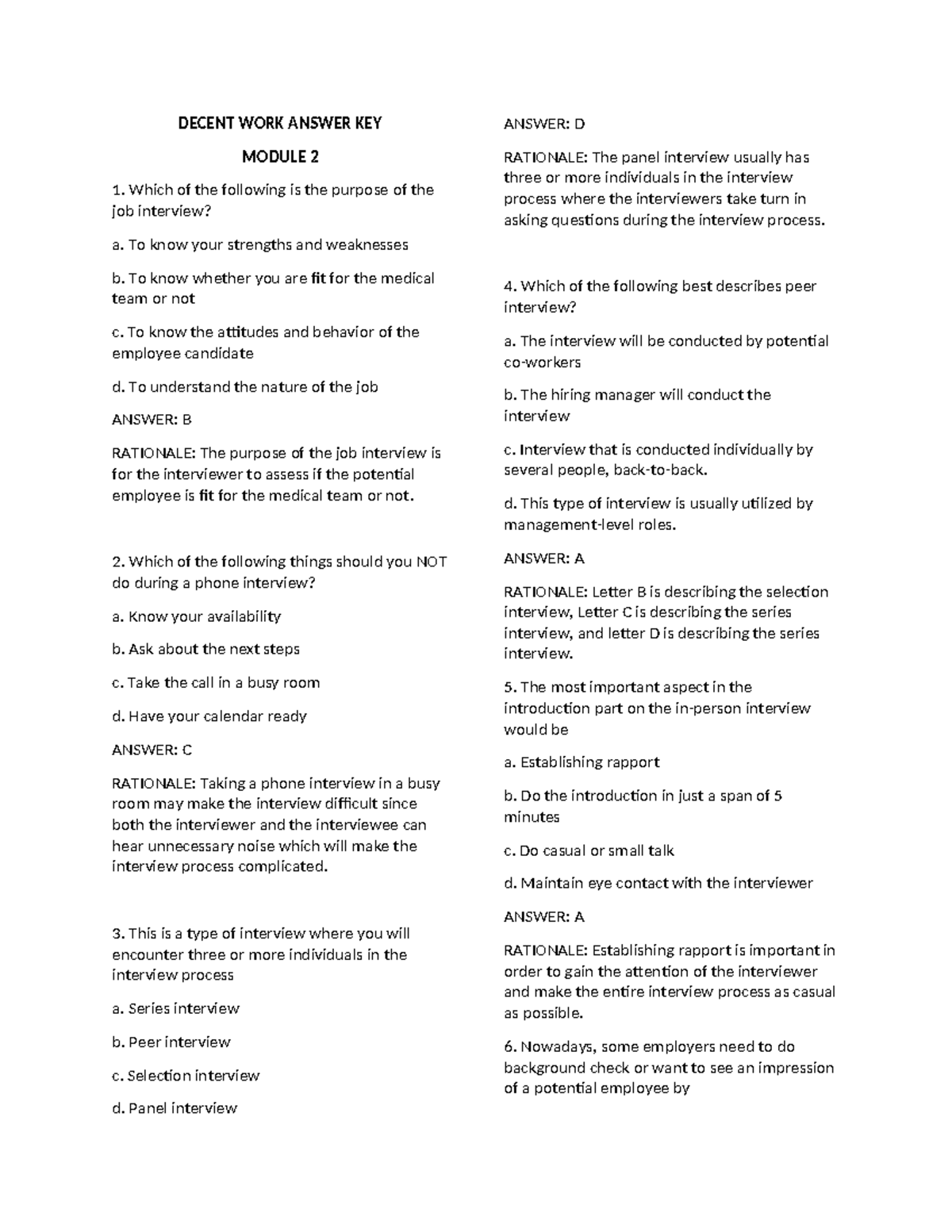 Decent Work Answer Key: Module 2 Insights and Guidelines - Studocu