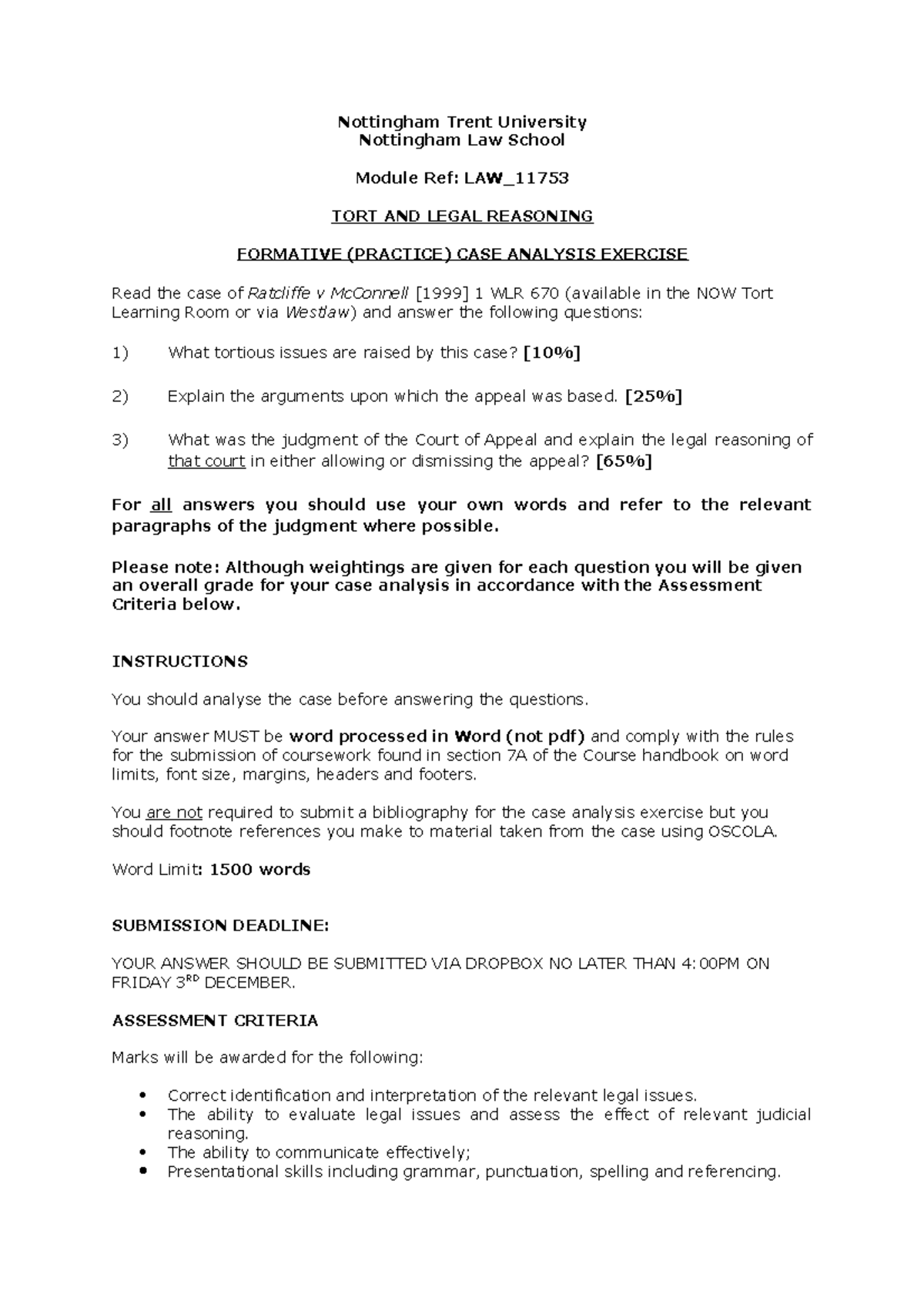 LAW_11753 Tort Case Analysis: Ratcliffe v McConnell (Practice 2021-22 ...