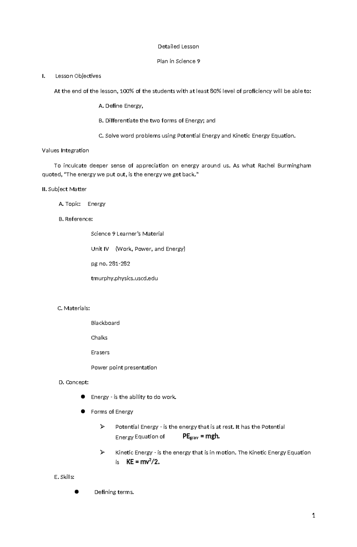 Science 9 Detailed Lesson Plan: Understanding Energy Forms - Studocu