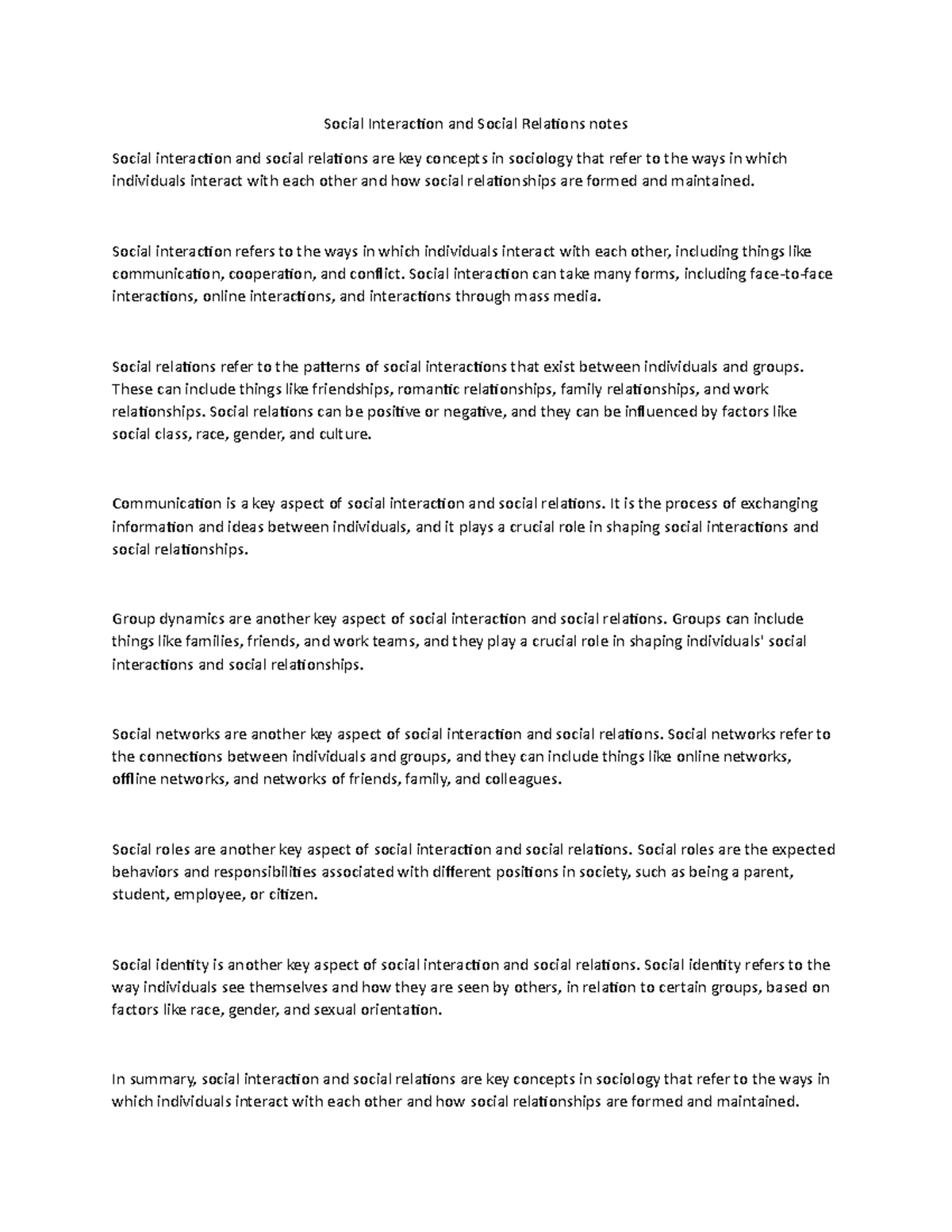 Sociology 101: Notes on Social Interaction and Relations - Studocu