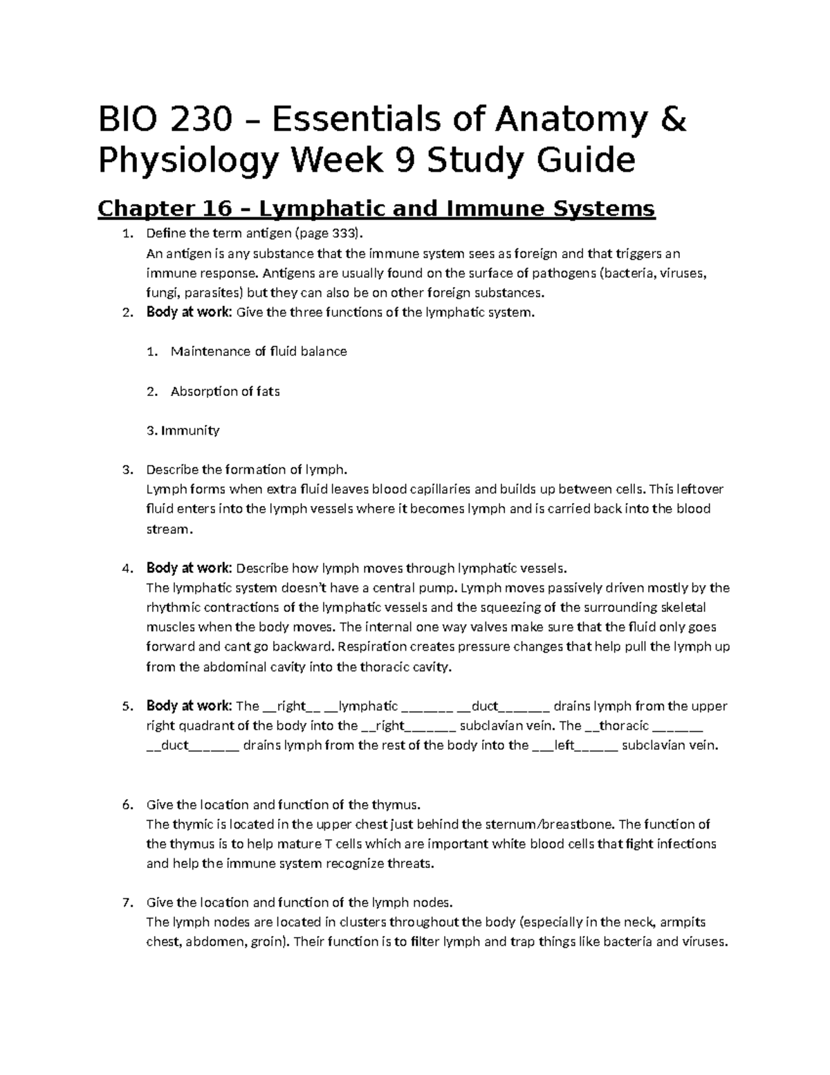 W10 Study Guide - BIO 230 Essentials of Anatomy & Physiology: Lymphatic ...