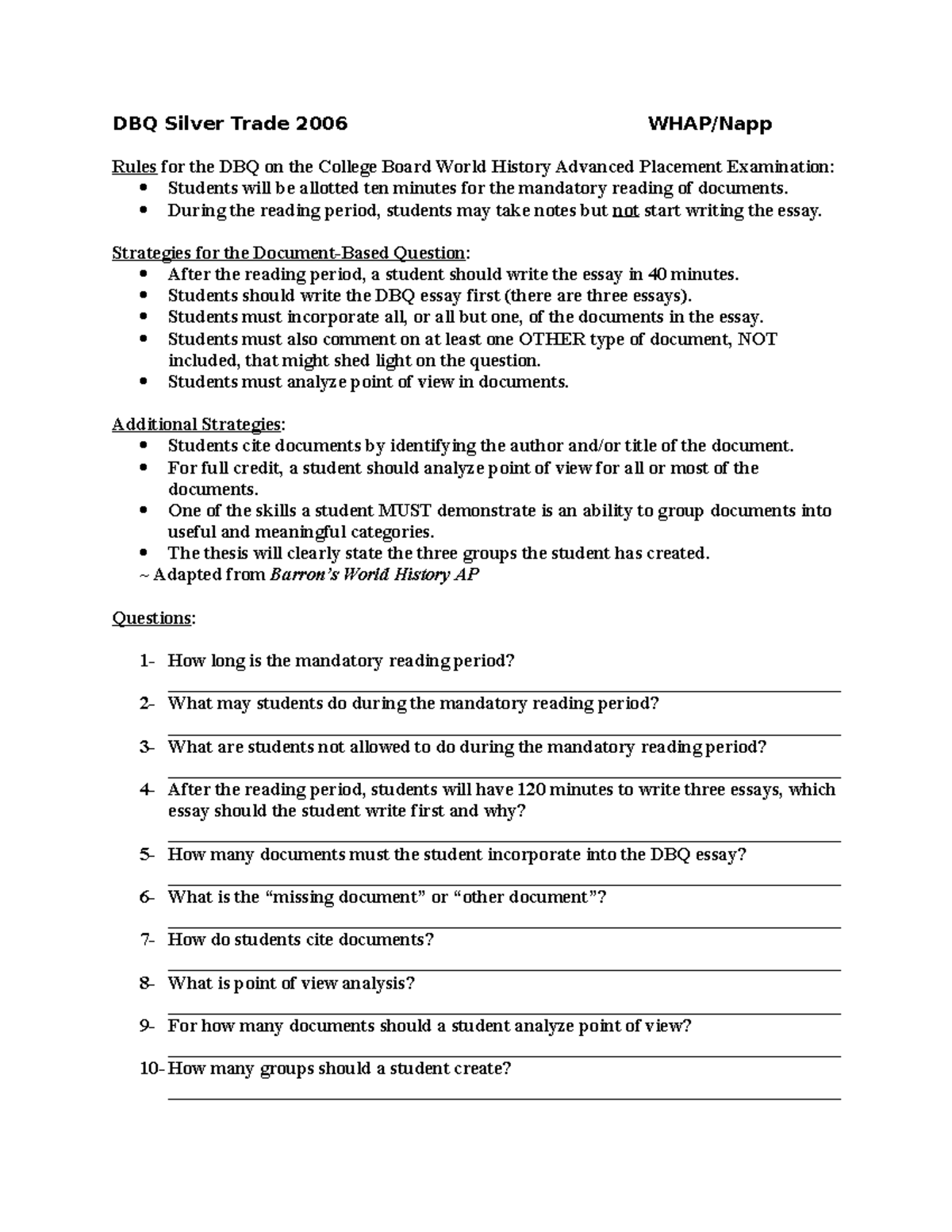 DBQ Silver Trade Analysis 2006 WHAP Exam - Studocu