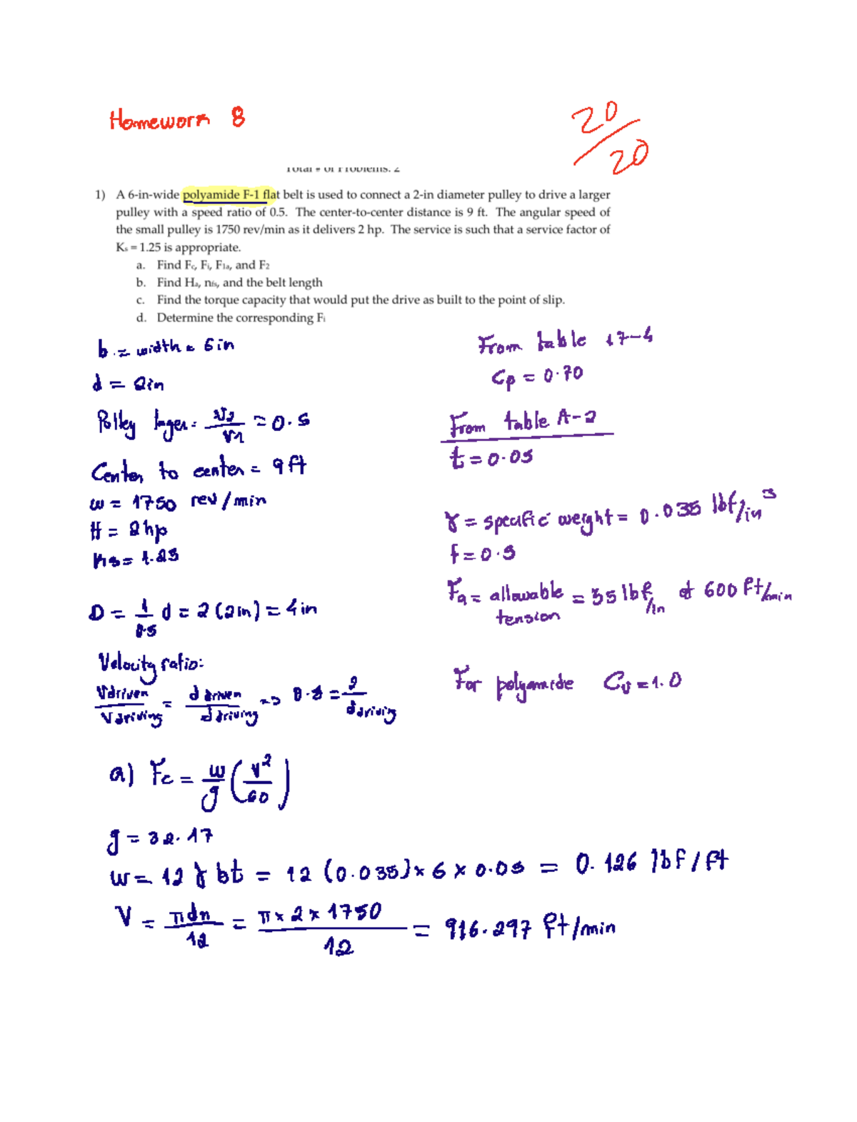HW Belts - Machine elements notes - Homework 8 o b width 6in from table ...