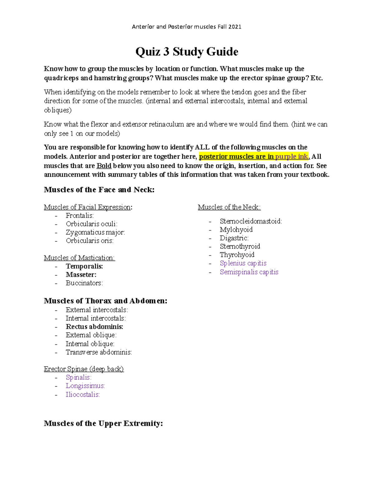 Quiz 3 Study Guide F22 - Muscle Identification and Functions - Studocu