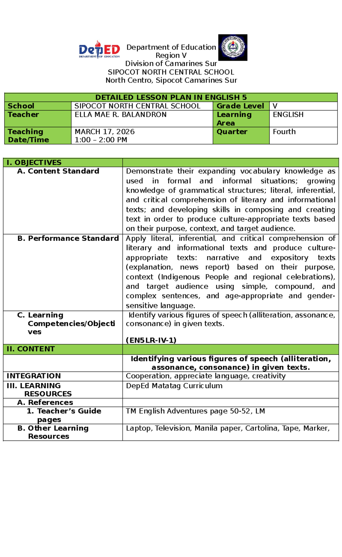 Detailed Lesson Plan in English 5 (Grade 5) - SIPOCOT NORTH CENTRAL ...