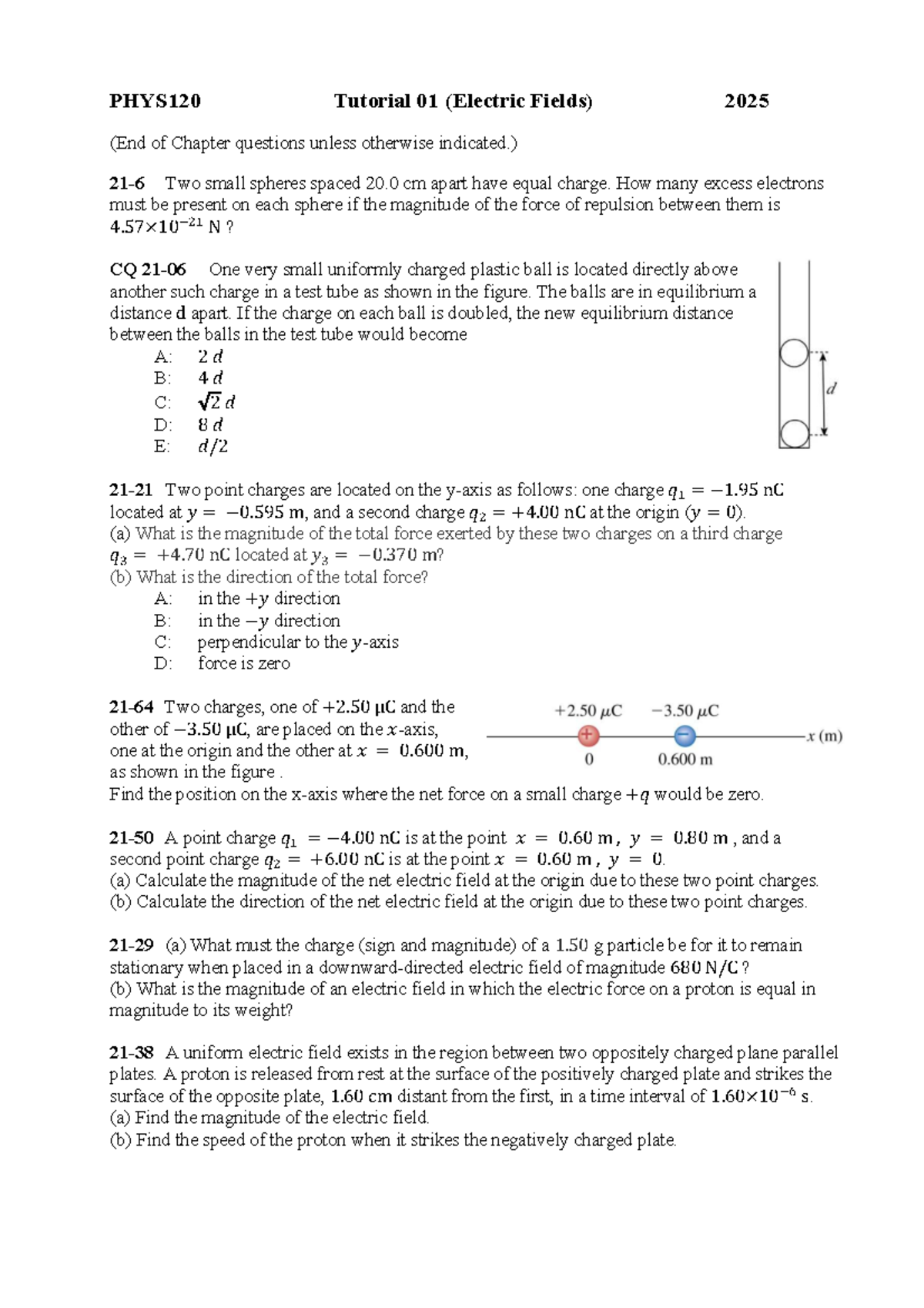 PHYS120 Tutorial 01: Electric Fields & Forces Analysis 2025 - Studocu
