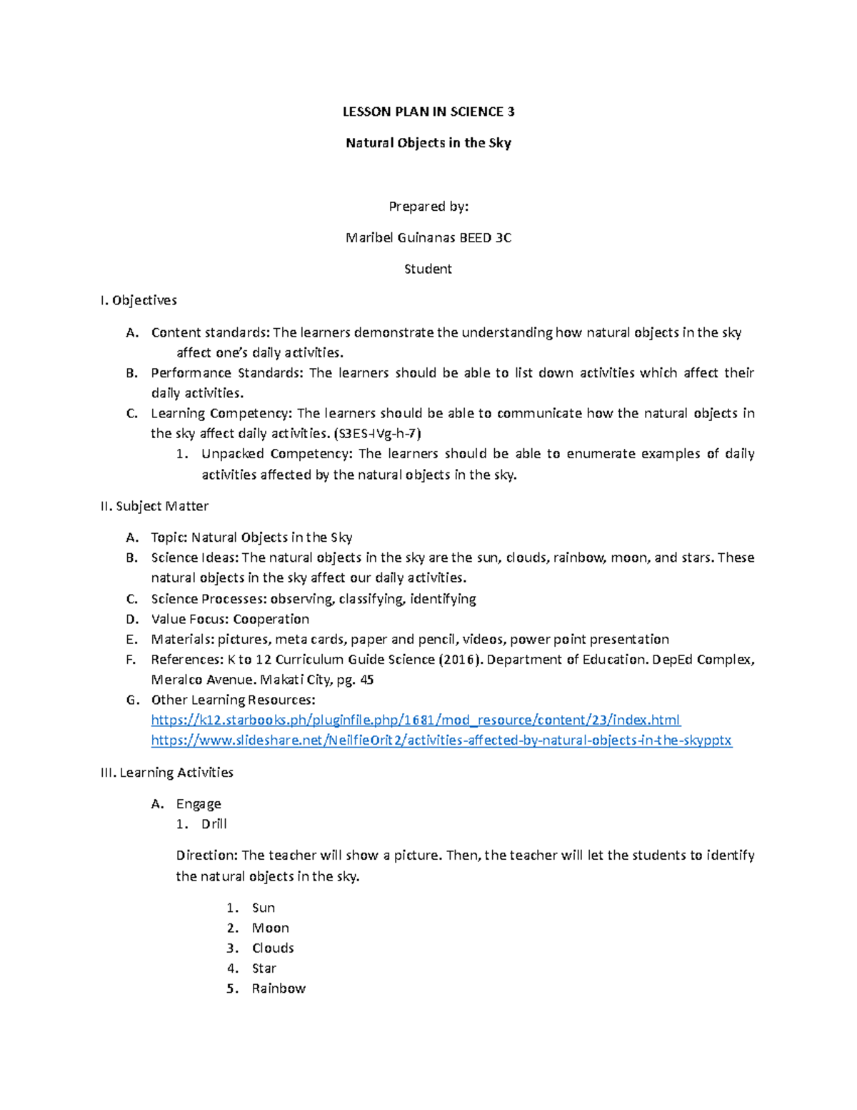 Lesson Plan in Science 3 - Exploring Natural Objects in the Sky - Studocu