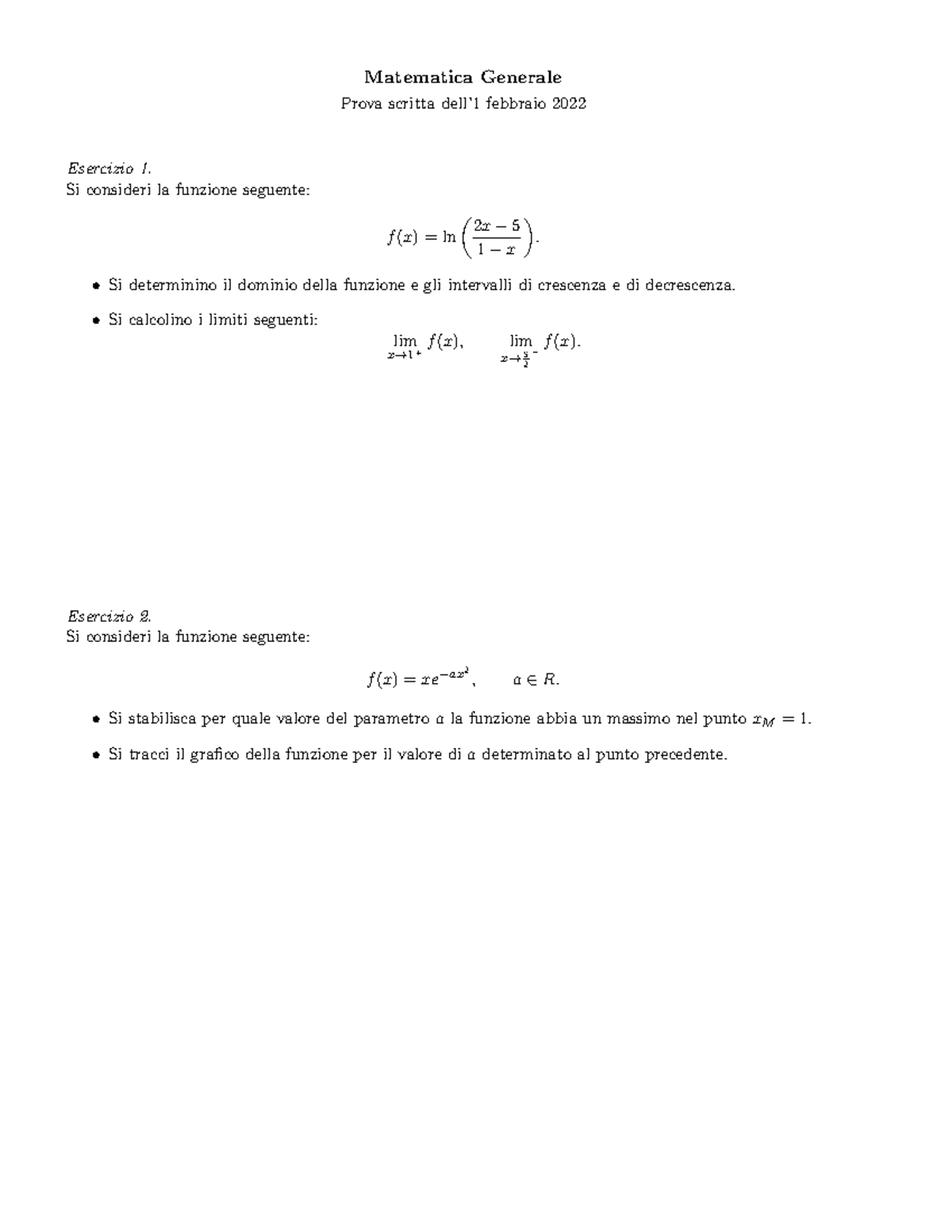 MG 01-02-2022 - prova d'esame matematica generale Carlo Mari CLEA UNICH - Matematica Generale ...