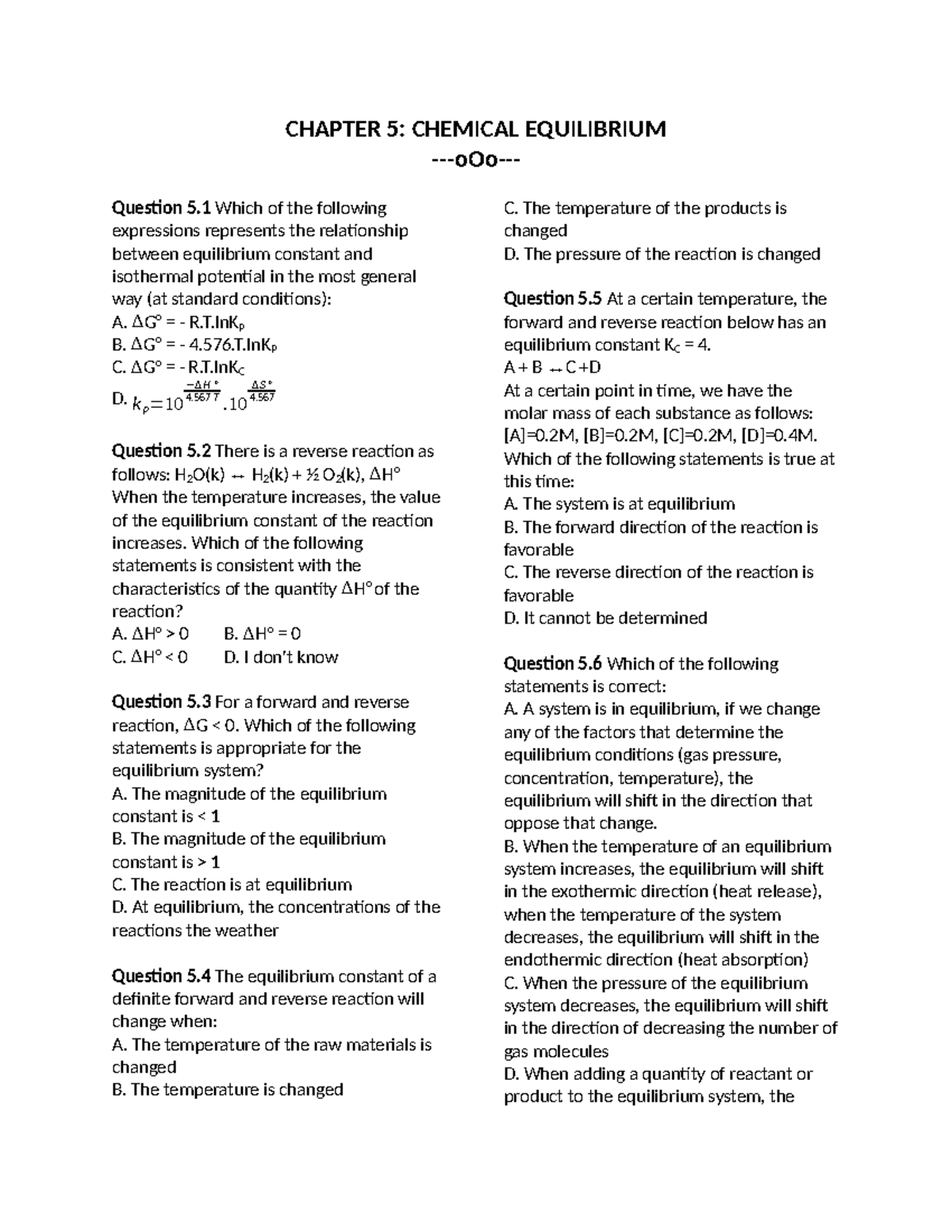 CHAPTER 5: CHEMICAL EQUILIBRIUM PRACTICE QUESTIONS - Studocu