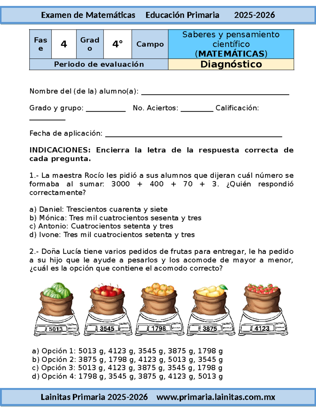 Examen de Matemáticas 4to Grado Educación Primaria (2025-2026) - Studocu