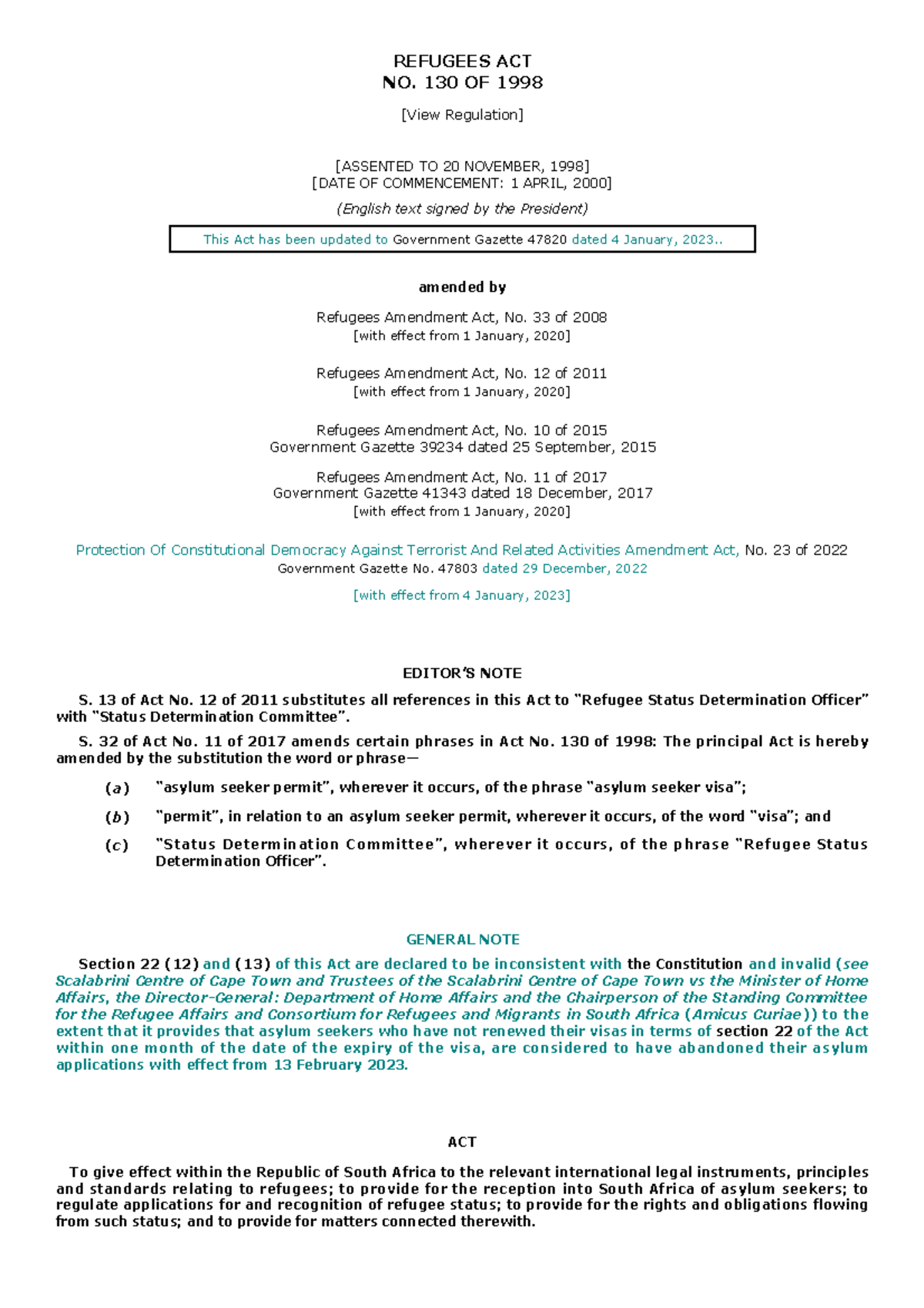 Refugees Act No. 130 of 1998: Amendments and Updates Overview - Studocu
