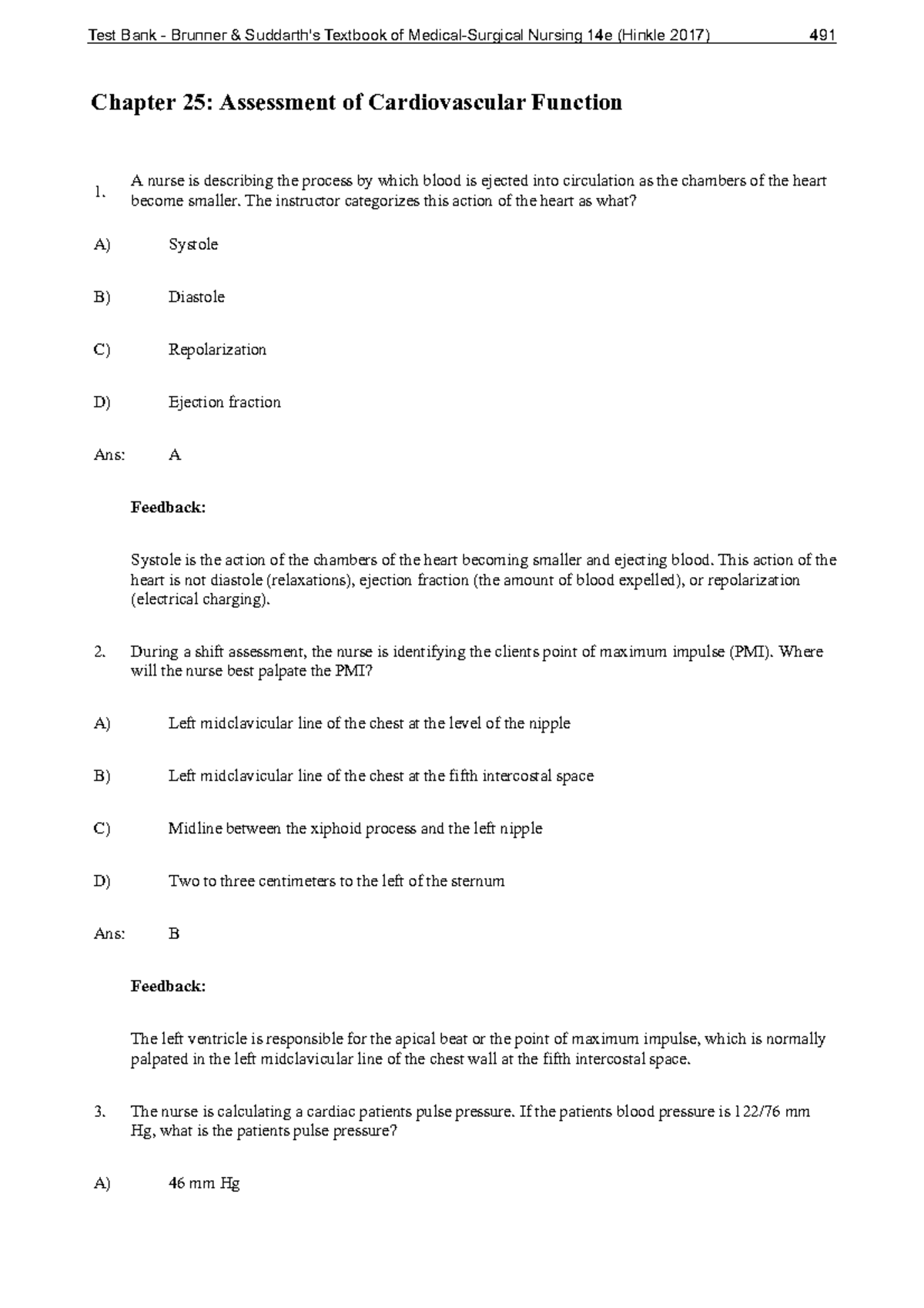 Ch 25 - Cardiovascular Function Assessment: Practice Questions ...