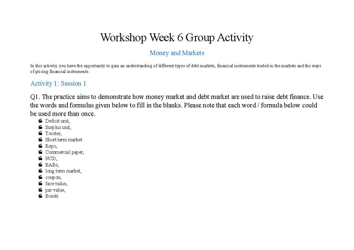 Workshop Week 6 Group Activities - Workshop Week 6 Group Activity Money ...