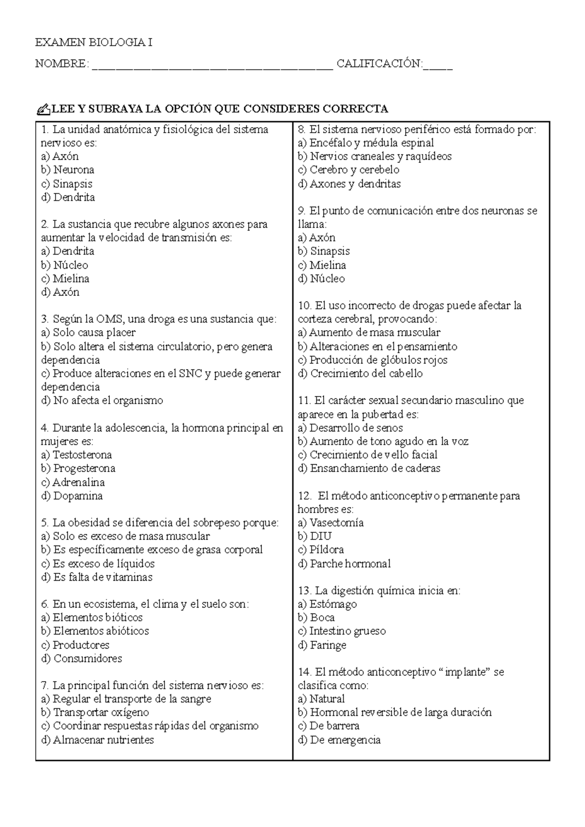 Examen de Biología I: Preguntas y Respuestas Clave - Studocu