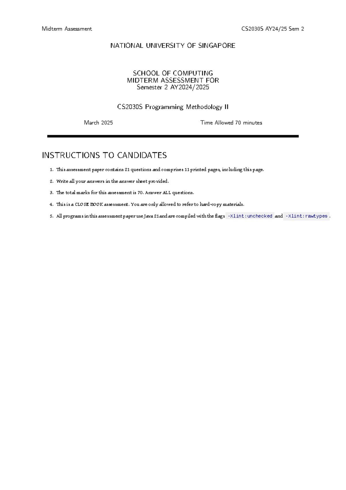 Midterm Assessment CS2030S Sem 2 - Programming Methodology II - Studocu