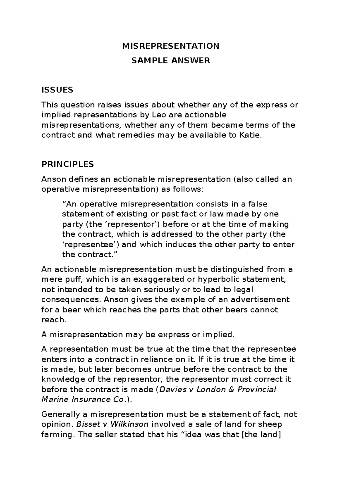 MISREPRESENTATION TUTORIAL: SAMPLE ANSWER & ISSUES - Studocu