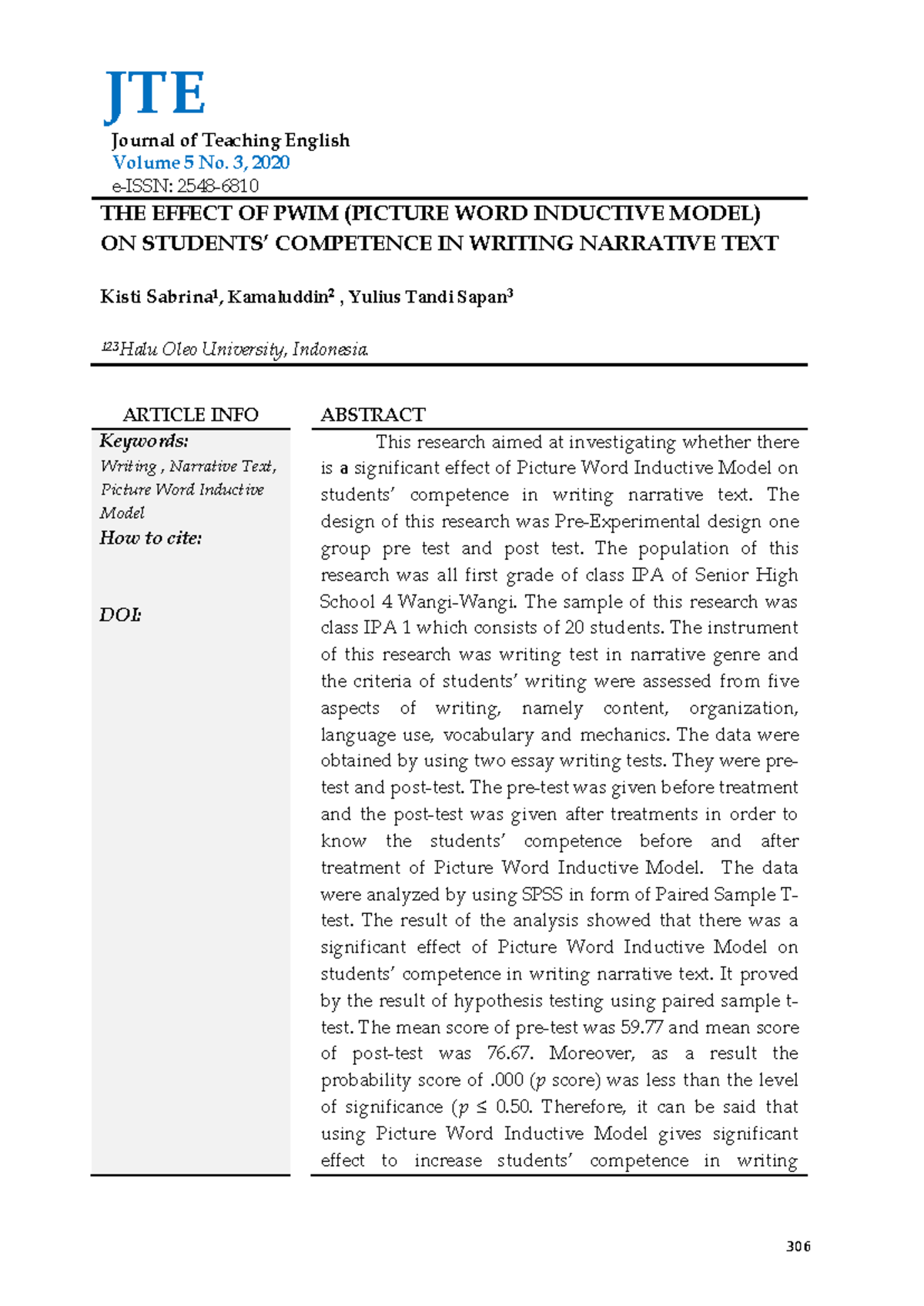 THE Effect OF PWIM ( Picture WORD Inductive Model) - JTE Journal of ...