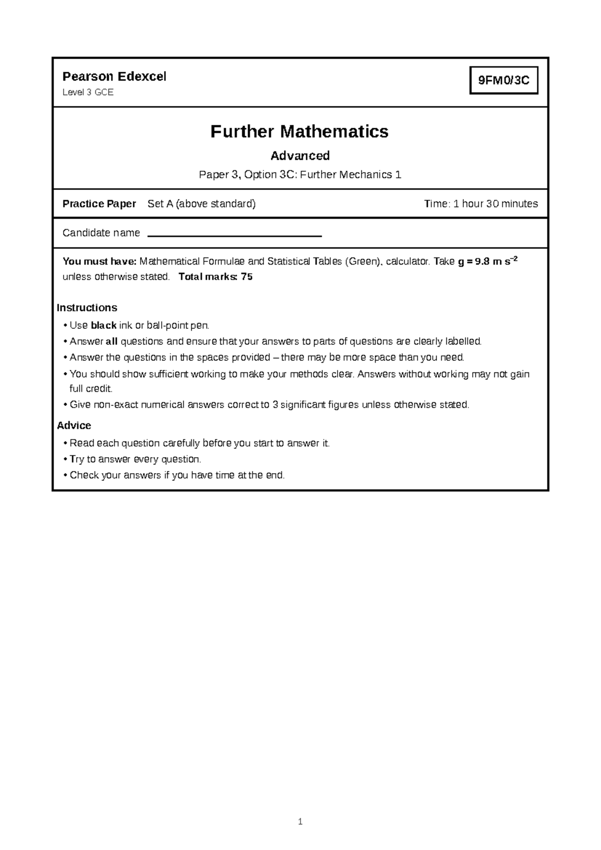 FM3C: Further Mechanics 1 Practice Paper Set A (Above Standard) - Studocu