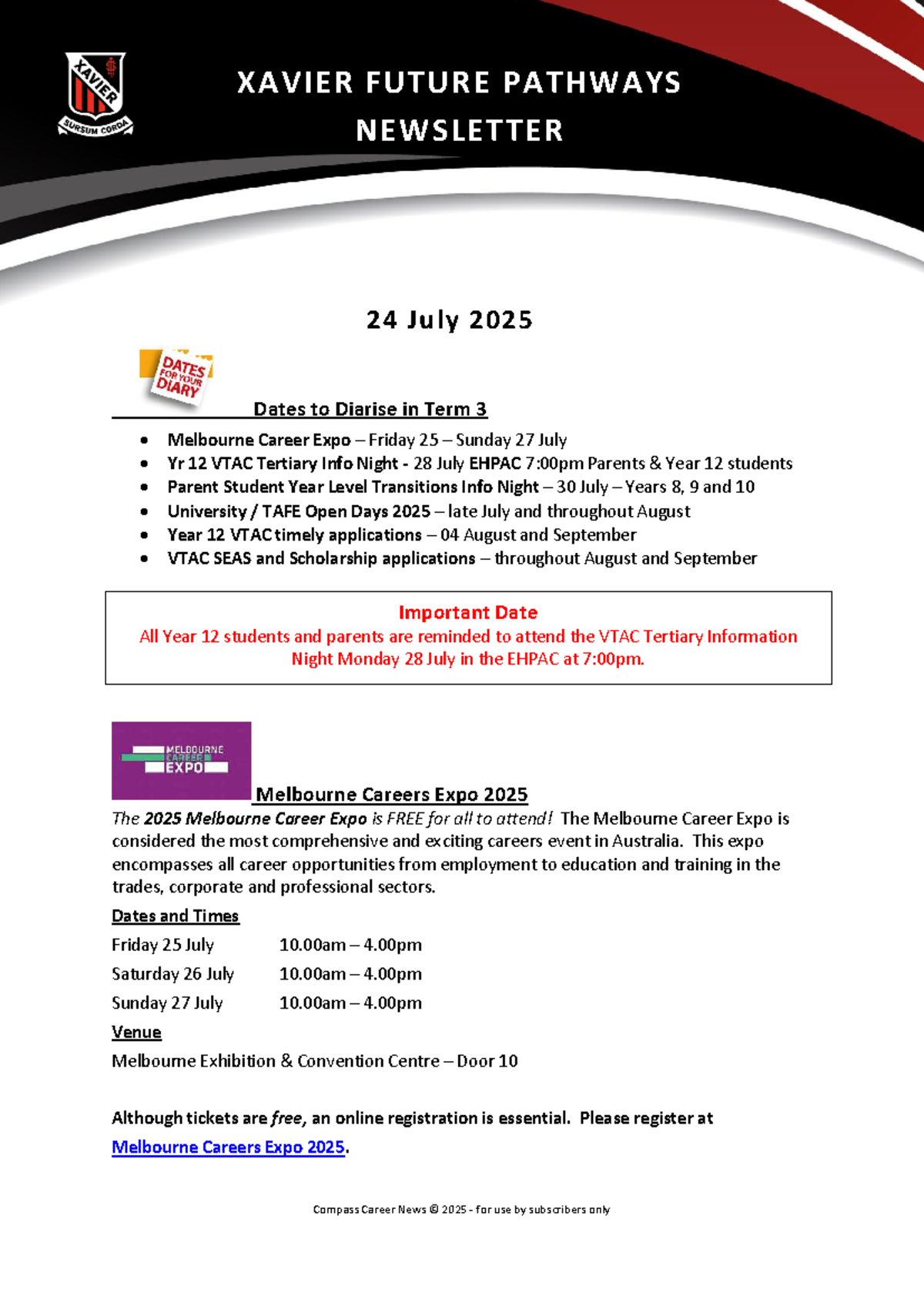 XAVIER FUTURE PATHWAYS NEWSLETTER - Key Dates & Events for Term 3 2025 ...