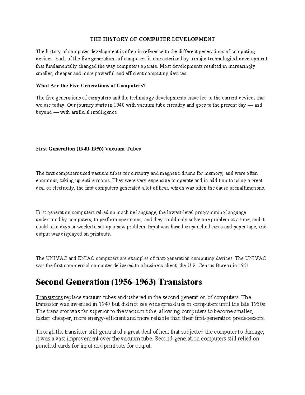 HIST 101: The Evolution of Computer Generations and Technology - Studocu