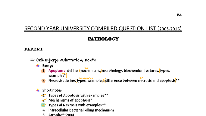 R.S PATHOLOGY PAPER 1 & 2: Compiled Question List & Essays - Studocu