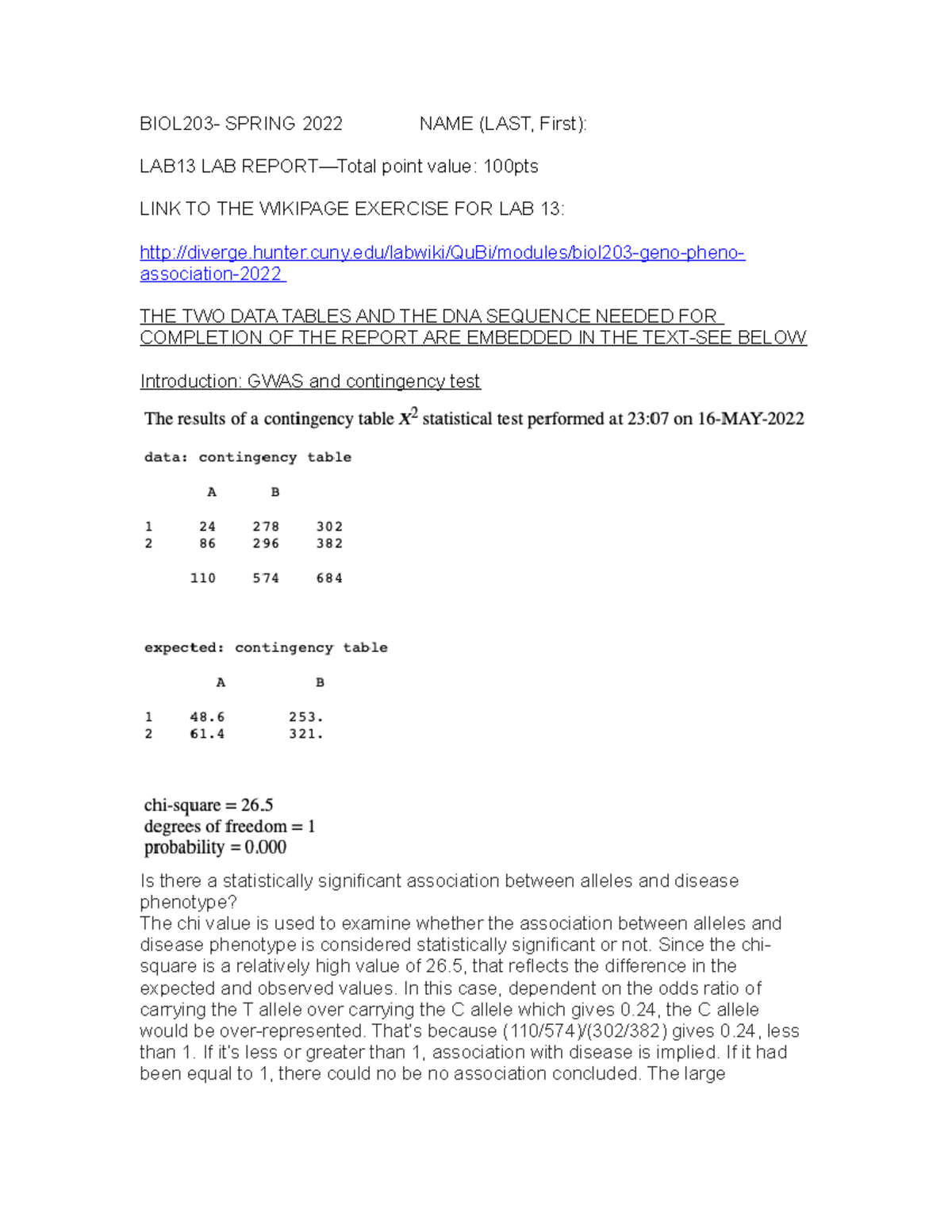 BIOL203 Lab Report 4: Stat Assoc Between Alleles & Disease Phenotype ...