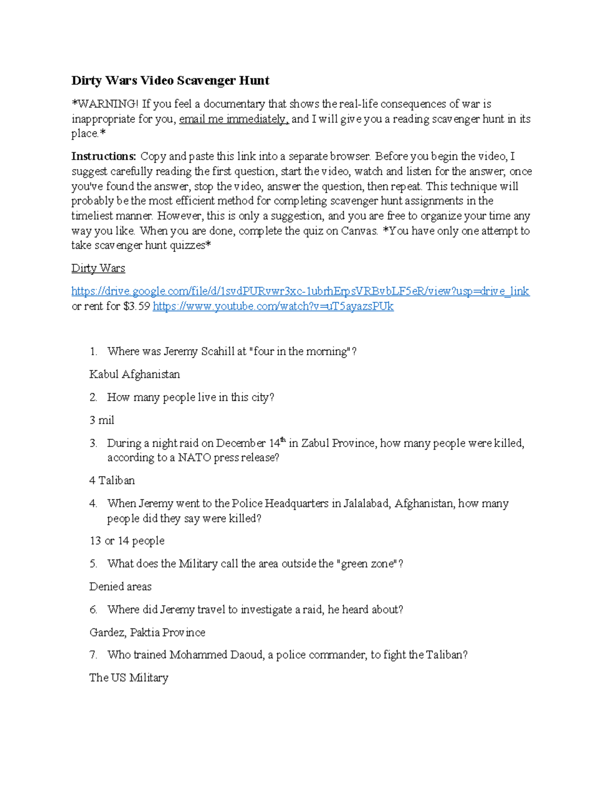 Dirty Wars Video Scavenger Hunt Instructions and Questions - Studocu