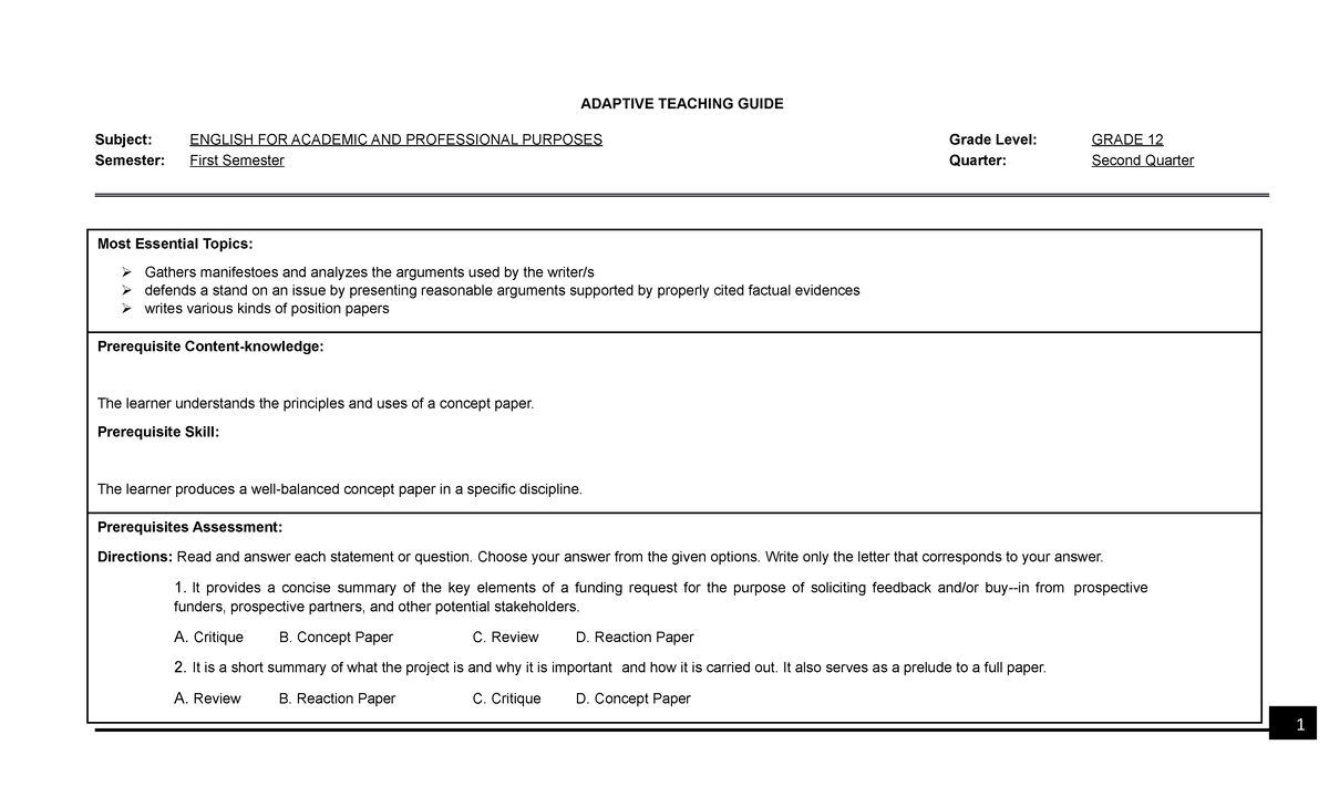 EAPP-ATG 1-1ST SEM 2ND-QTR - ADAPTIVE TEACHING GUIDE Subject: ENGLISH ...