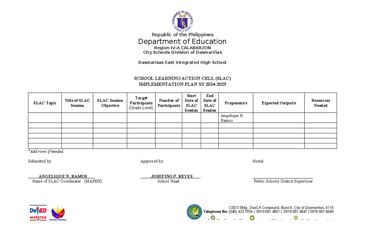 SLAC Implementation Plan for SY 2024-2025: Guidelines and Details - Studocu