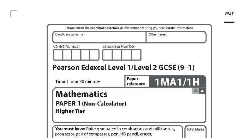 PMT Level 2 GCSE Mathematics Paper 1 Higher Tier Exam Details - Studocu