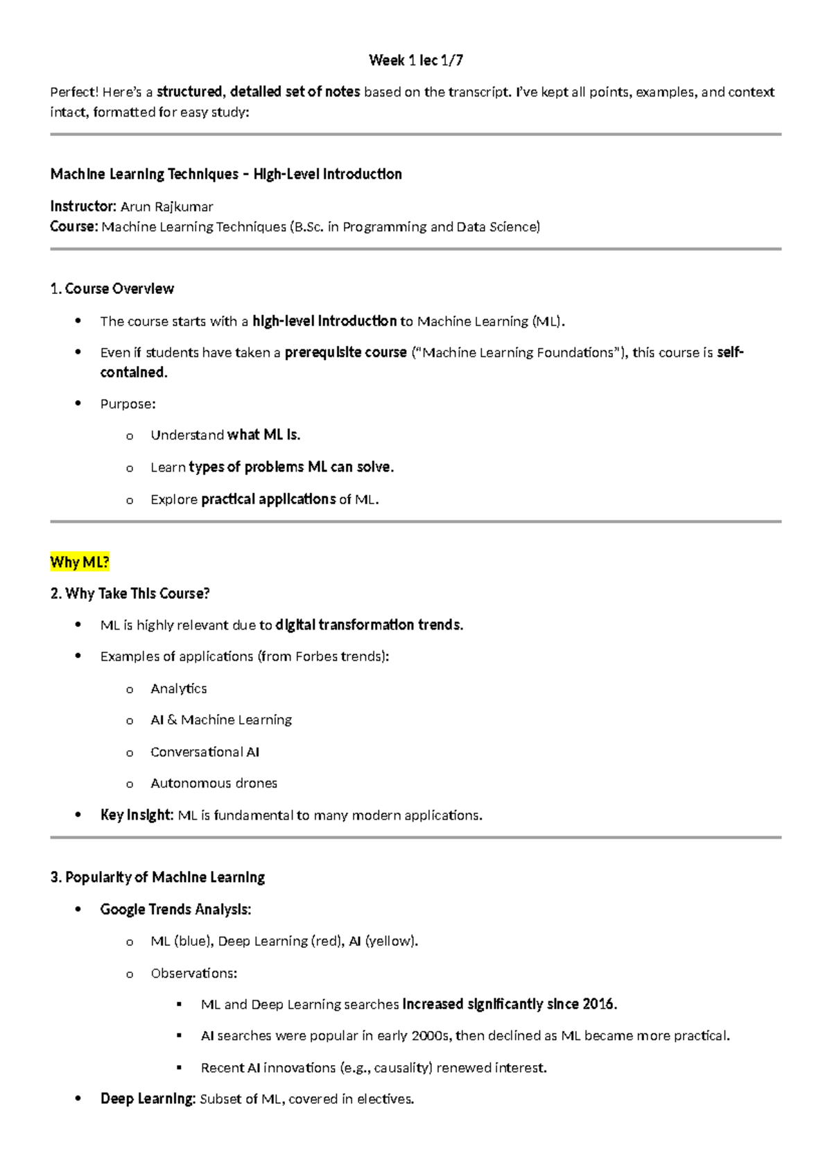Week 1 Lec 1 - Intro to Machine Learning Techniques (B.Sc. in Programming & Data - Studocu
