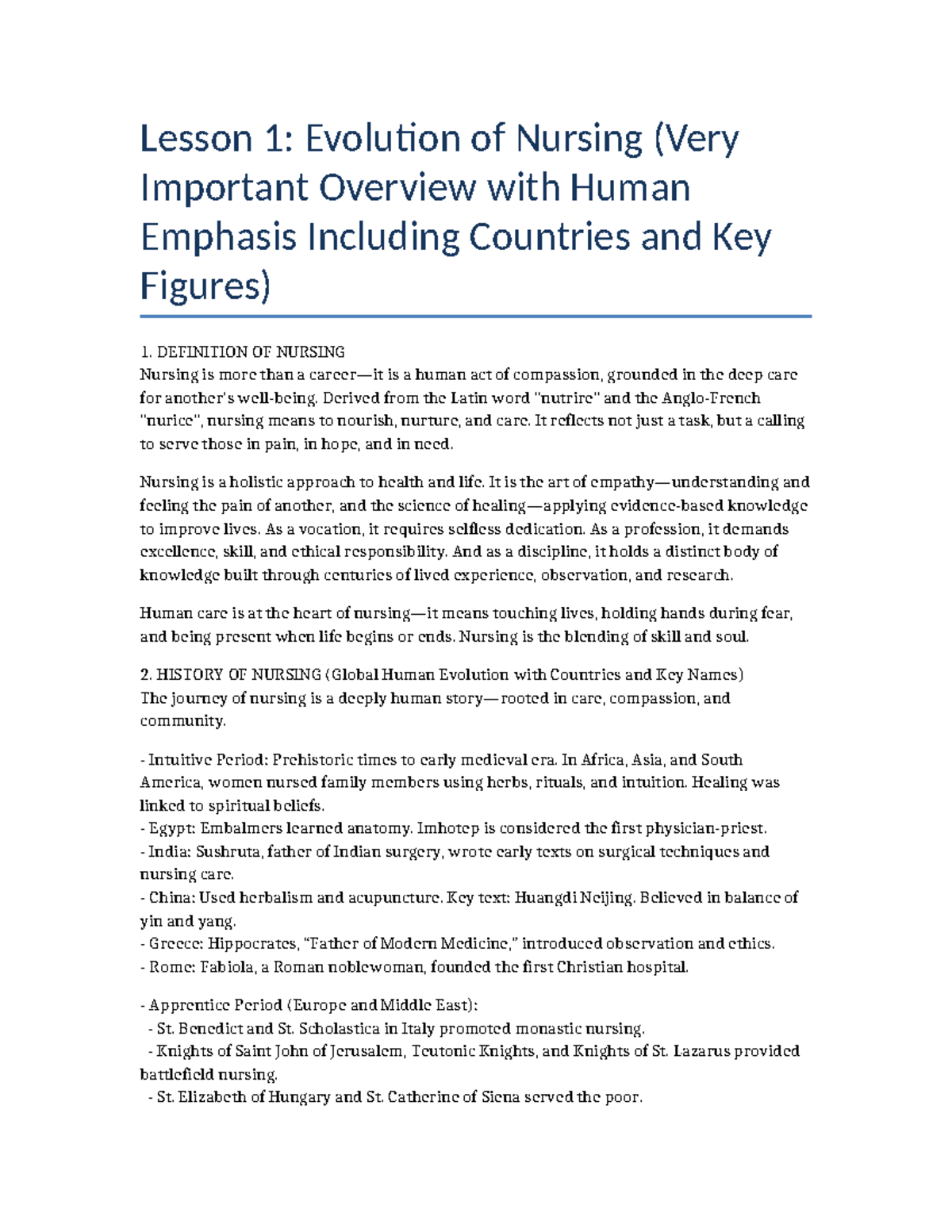 Lesson 1: Evolution of Nursing - Global Overview with Key Figures - Studocu