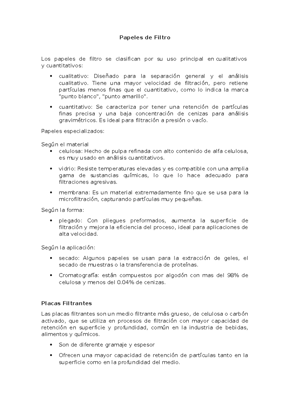 Filtración en Procesos Industriales: Tipos de Papeles y Placas - Studocu