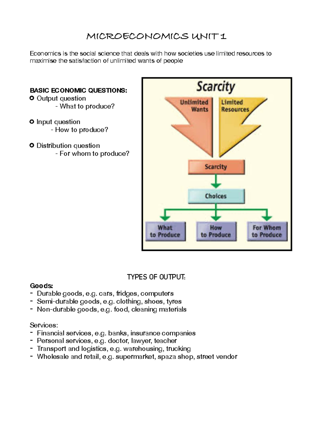 ECO1010F Microeconomics (print 1) - MICROECONOMICS UNIT 1 Economics is ...