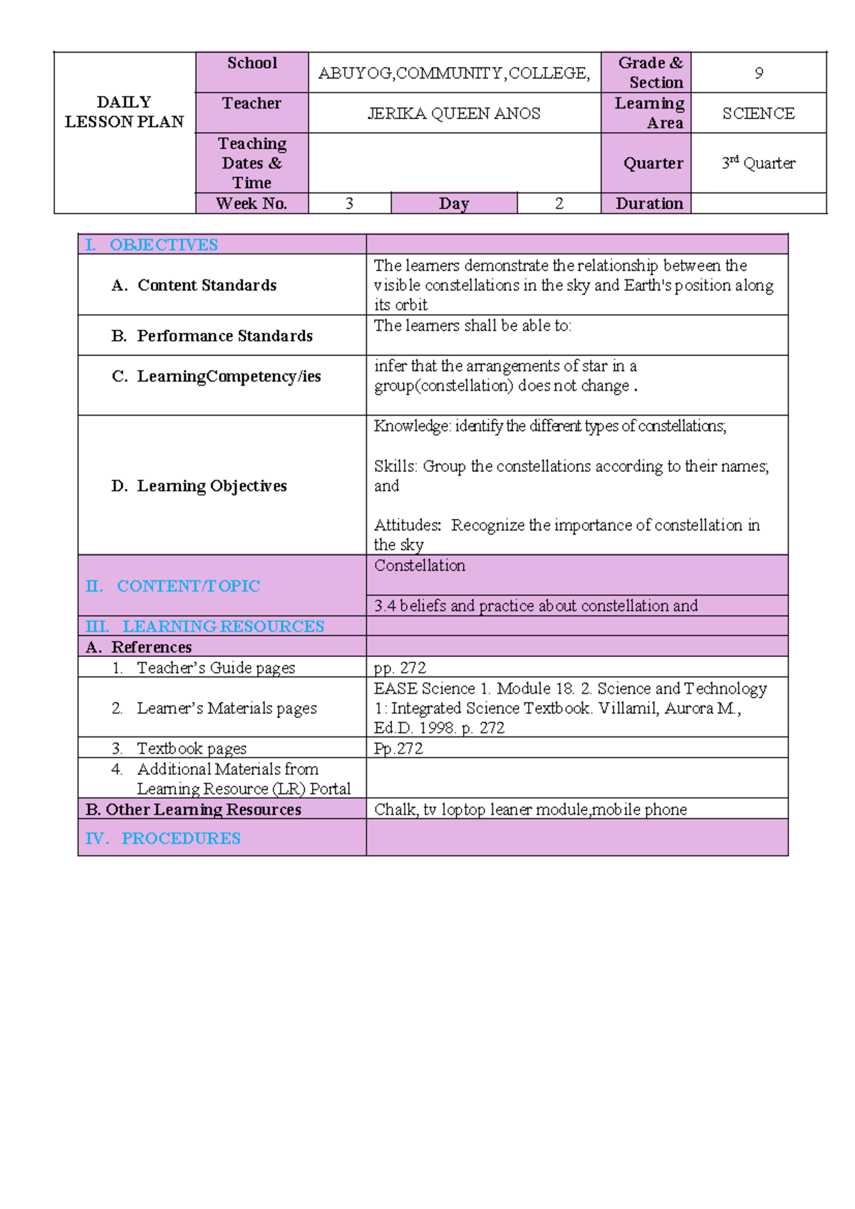 Lesson Plan: Science Constellations - Grade 3 (Quarter 3) - Studocu
